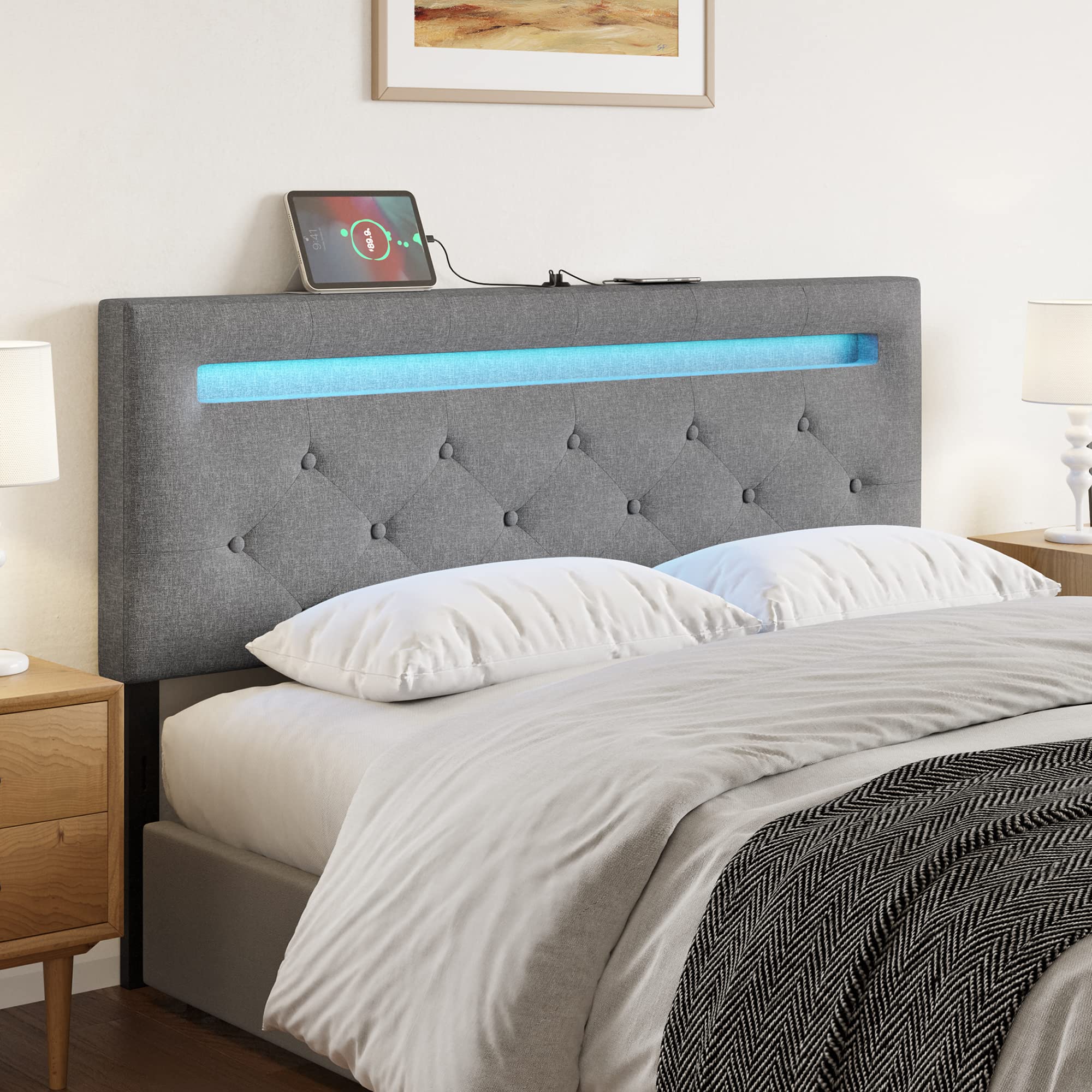 HAUSOURCE Headboards for Queen Size Bed with LED Light & USB Post Upholstered Queen Headboard with Adjustable Height Linen Fabric Padded Headboard for Queen Size Bed Mordern Head Board for Bedroom