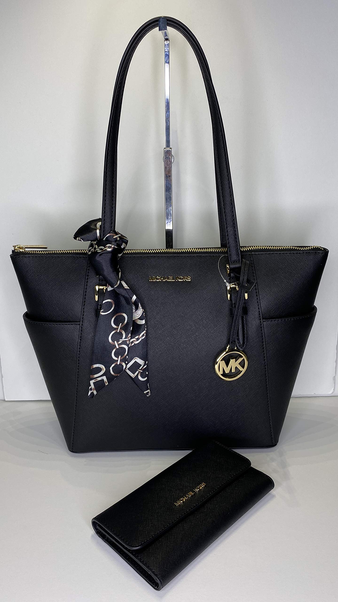 Michael Kors Charlotte Large Zip Tote bundled with matching Trifold Wallet Purse Hook (Signature MK Vanilla/Pink)