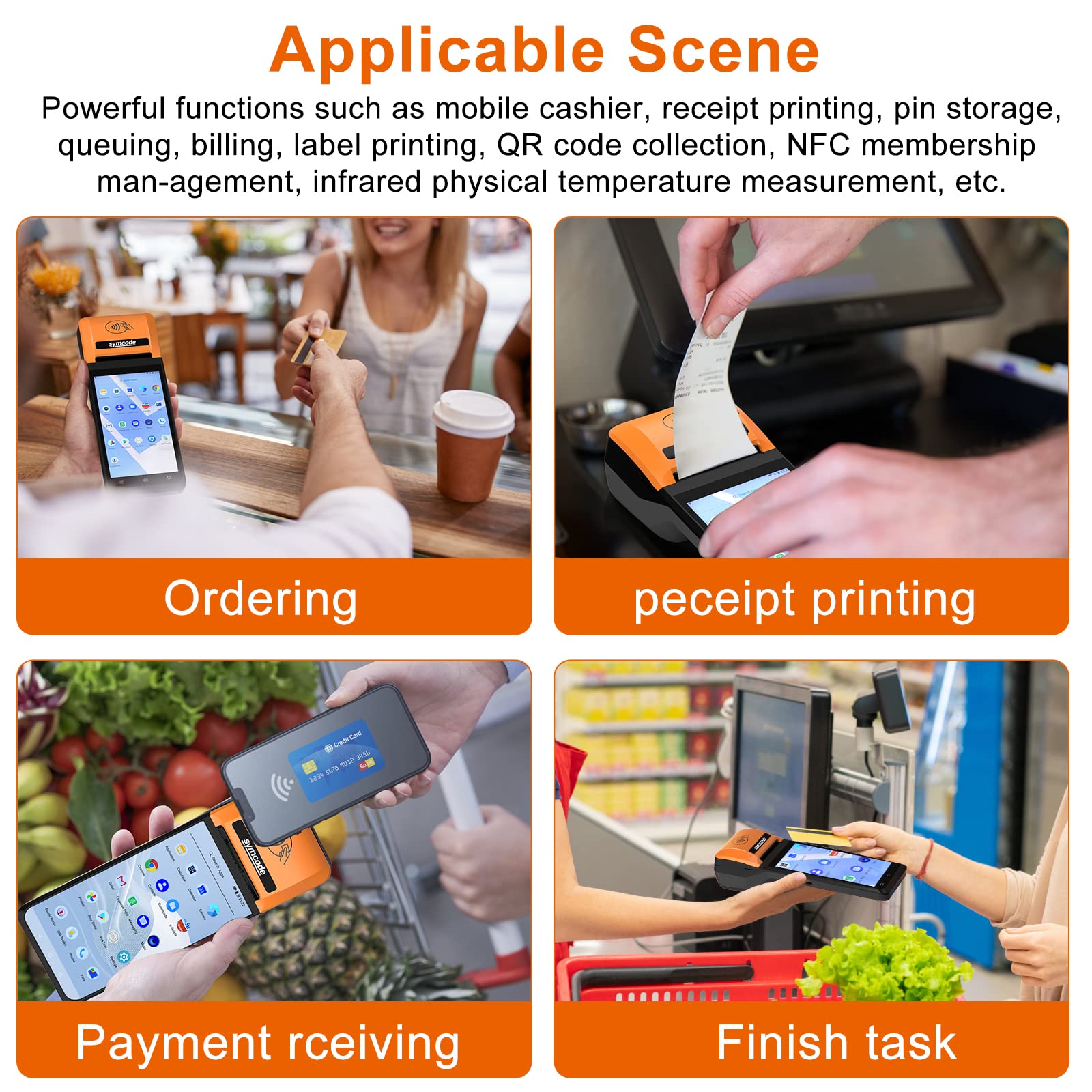 symcode POS PDA Receipt Printer 58mm High Speed Thermal Printer with Android 12 5.5’’ Touch Screen.with Lanyard, Removable Battery Logistics Mangement NFC.2G.3G.4G WiFi 3GB Ram+16GB ROM
