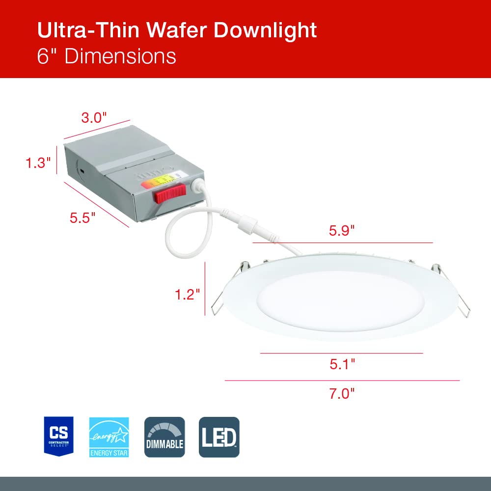 Juno WF6 SWW5 90CRI CP6 MW M2 Round LED Wafer Downlight, 120 Volts, Switchable Color Temperature 2700K/3000K/3500K/4000K/5000K, Triac Dimming, 6-Inch Ultra Thin Trim (Six Pack), Matte White