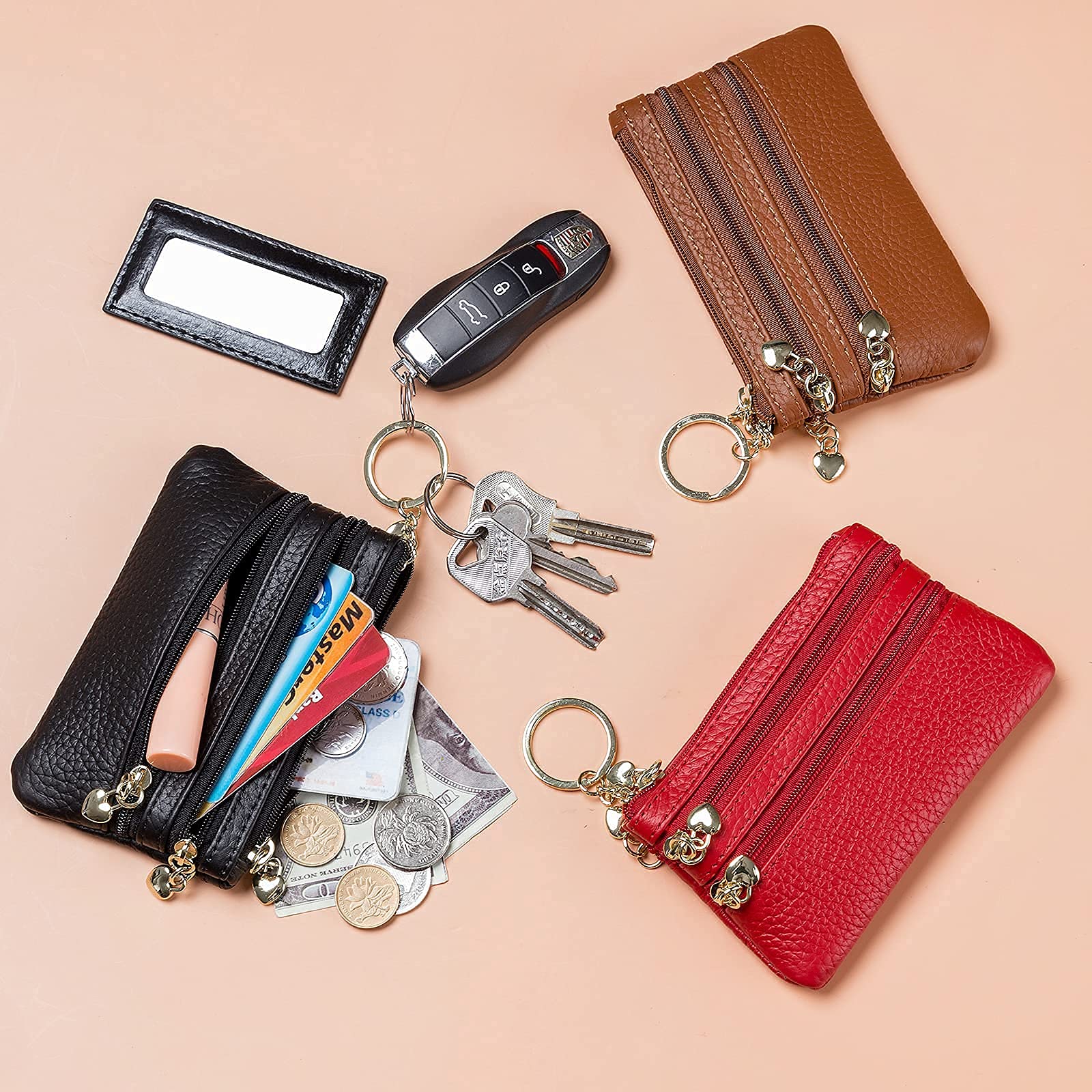 imeetu Genuine Leather Coin Purse Keychain for Women, Small Change Purse for Coins, Coin Pouch Wallet with 4 Zippered Pockets, a Mini Mirror (Barbie Red)