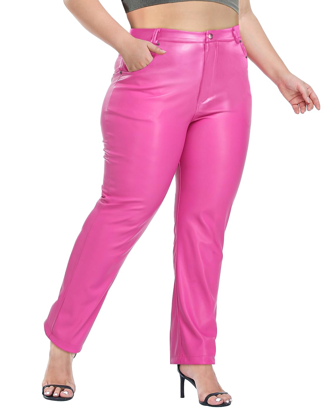 HDE Women's Plus Size Faux Leather Pants High Waist Straight Leg Pant w/Pockets Hot Pink - 1X