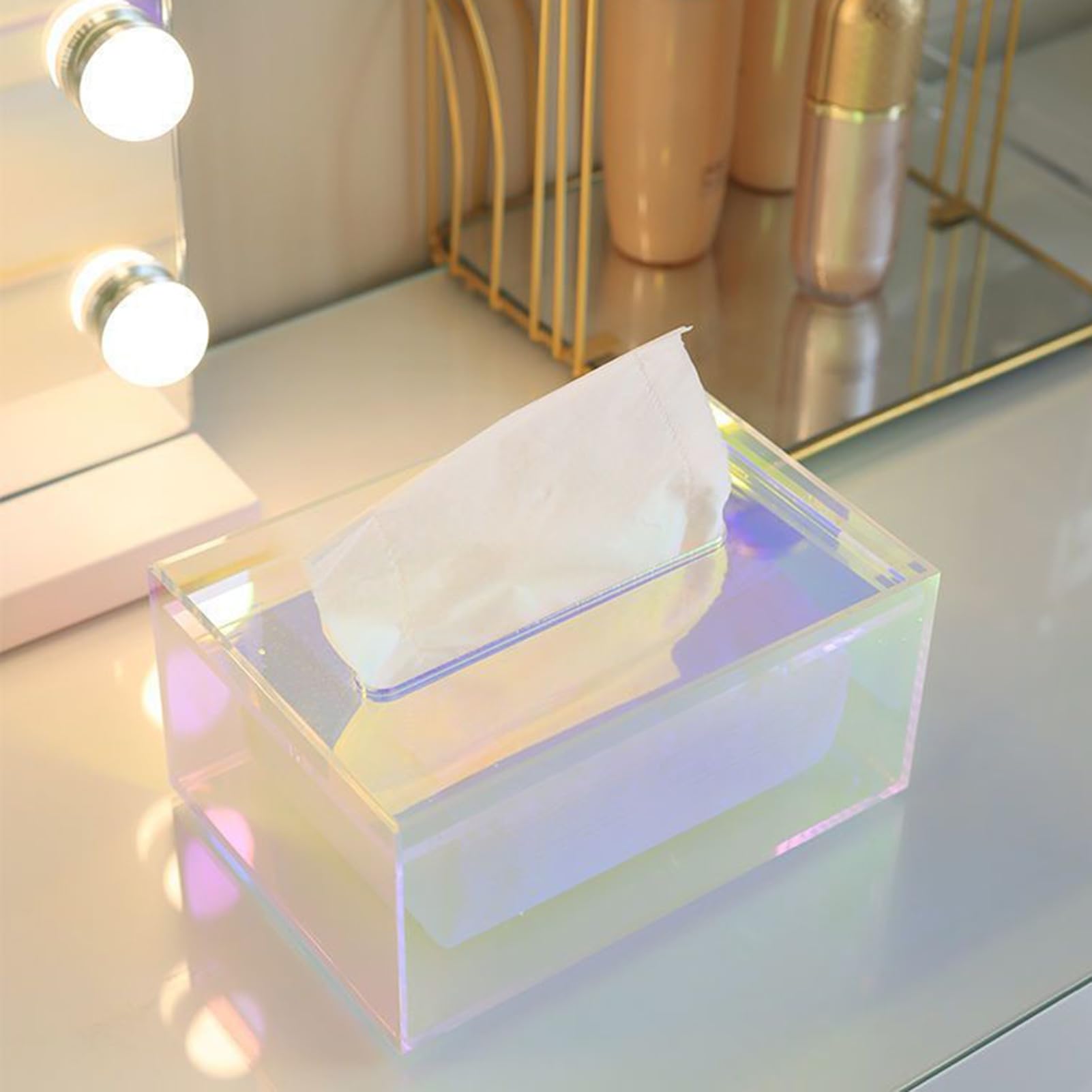 YESBAY Iridescent Acrylic Storage Box with Handle Acrylic Tray Vanity Organizer Case Hollow Multi-Functional Desktop Makeup Tray Basket Organizer Tissue Holder for Bathroom Countertop Bedroom C