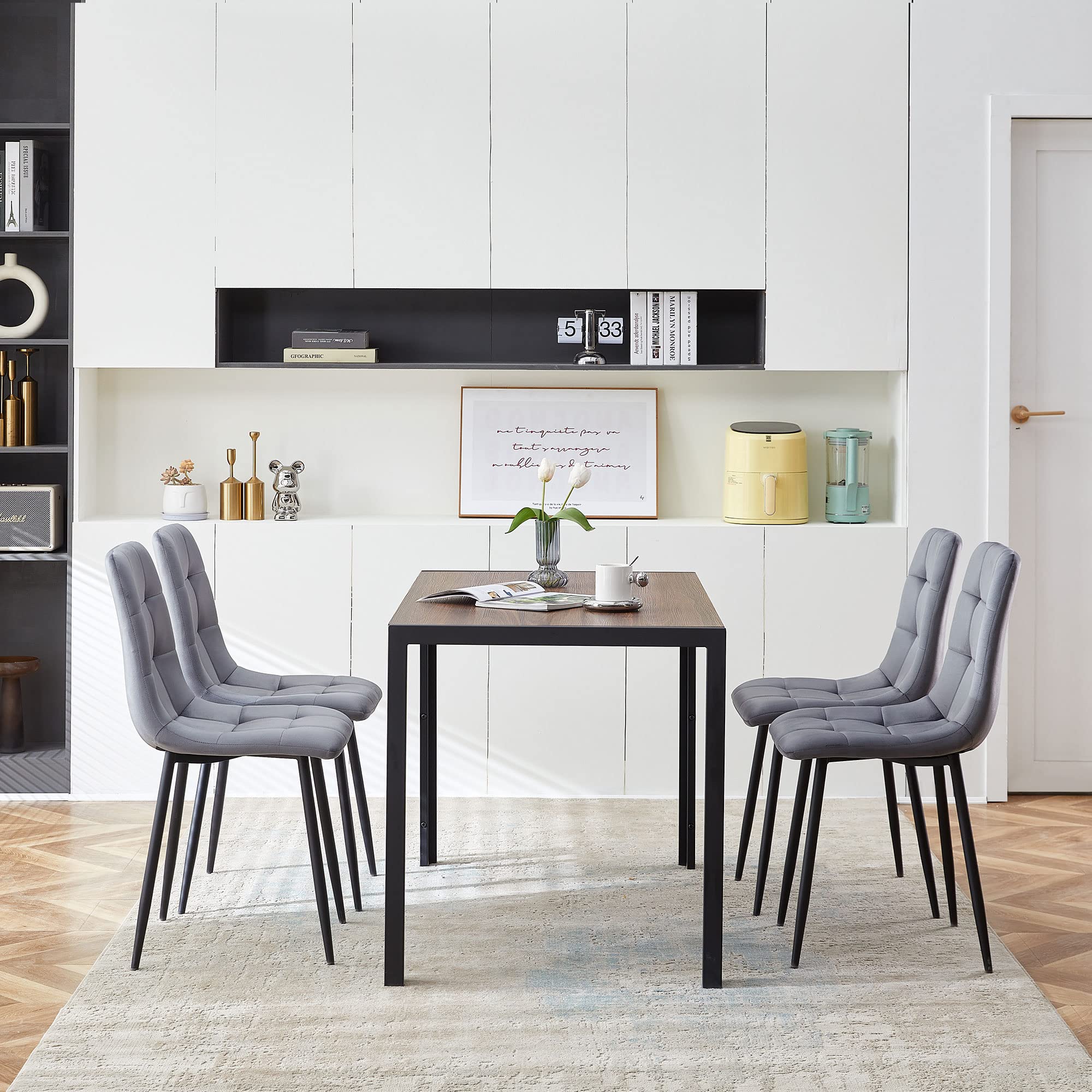 Homedot Modern Dining Room Set for 4, 5 Pieces Dining Table Set, Solid Walnut Table Imitation Wood with Sturdy Metal Frame&Legs, Comfy Velvet Dining Chair Armless for Space Saving, Stylish Dinette Set