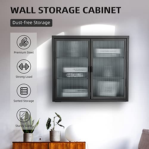 HomSof Haze Double Glass Door Wall Cabinet with Detachable Shelves for Office, Dining Room,Living Room, Kitchen and Bathroom, Black
