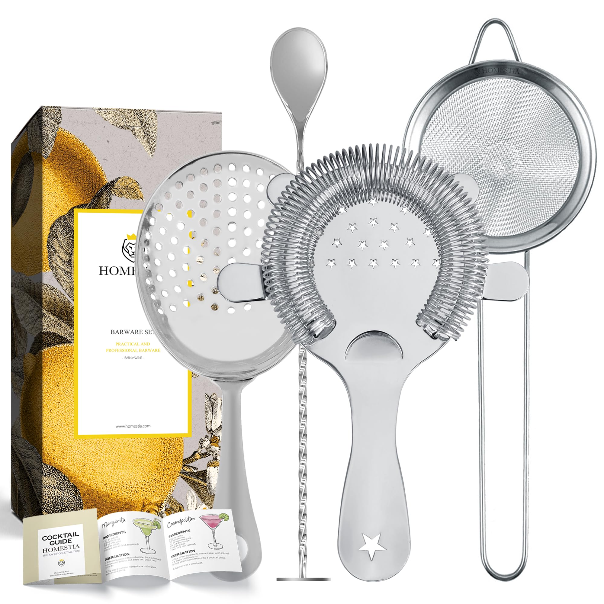 Homestia Cocktail Strainer Set 4-PIECE Stainless Steel Bar Tool Bar Accessories for Drinks includes Hawthorne Strainer, Julep Strainer, Fine Mesh Sieve with Bar Spoon(Black)