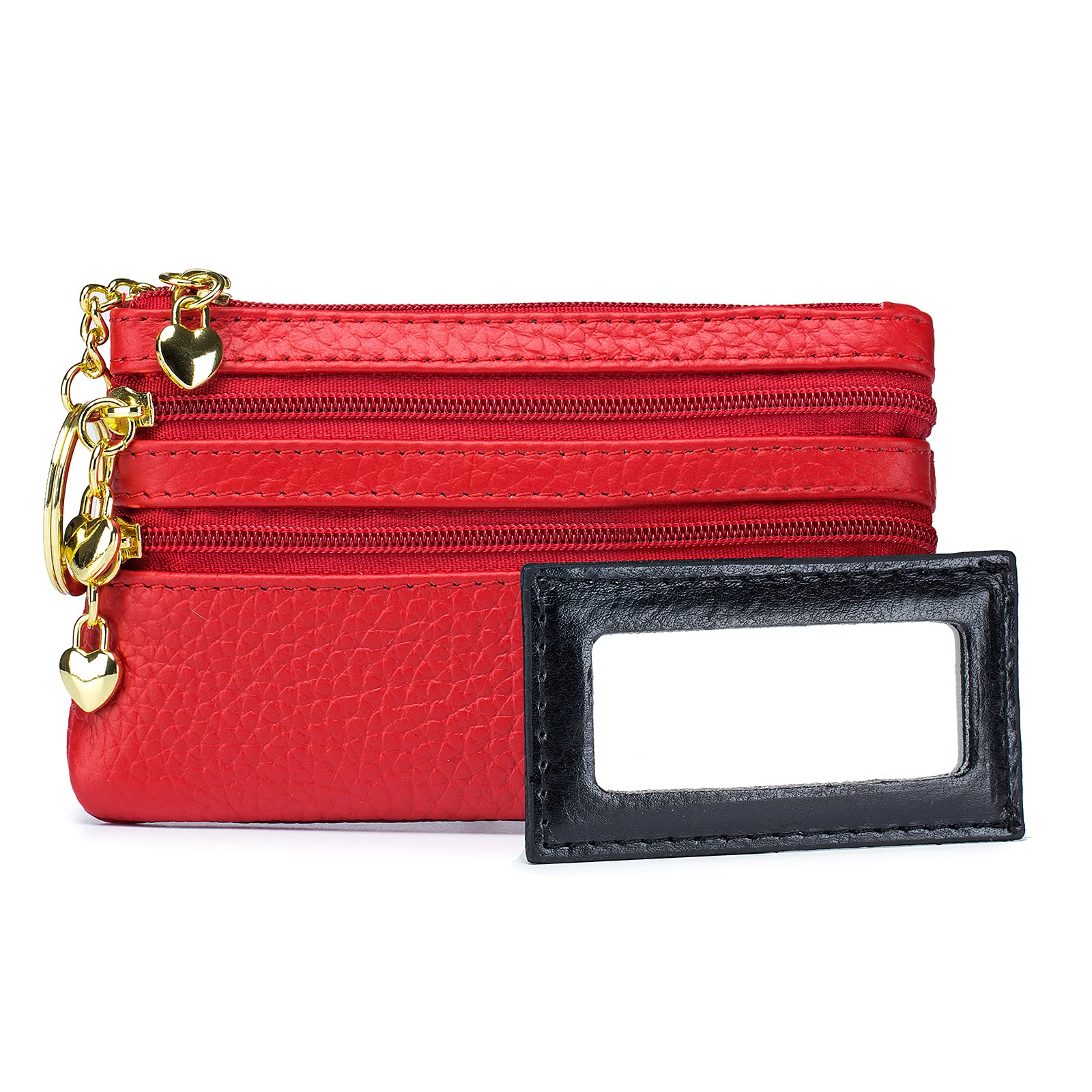 imeetu Genuine Leather Coin Purse Keychain for Women, Small Change Purse for Coins, Coin Pouch Wallet with 4 Zippered Pockets, a Mini Mirror (Barbie Red)