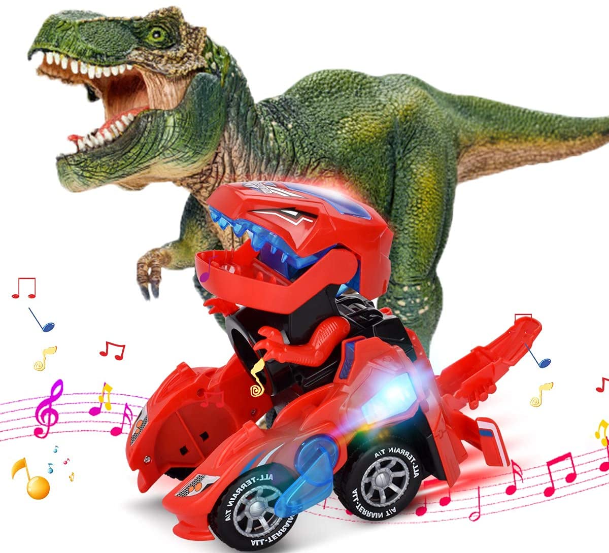 INLAIER Transforming Dinosaur Toys, 2 in 1 Automatic Transforming Dinosaur Car with LED Light and Music Transform Dino Car for Kids Christmas Birthday Gifts (Red)