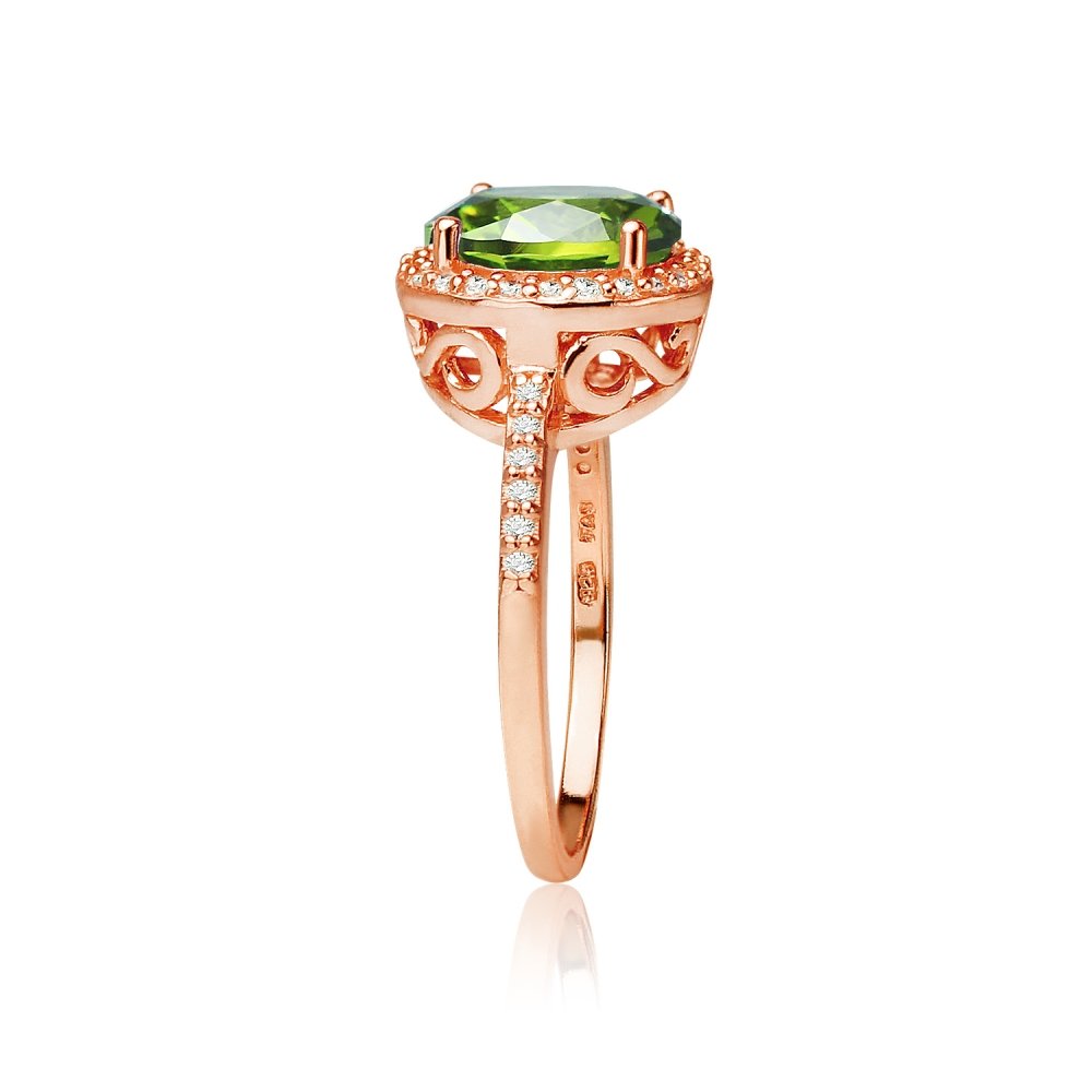 Ice Gems Rose Gold Flashed Silver Simulated Peridot and Cubic Zirconia Round Halo Ring, Size 7