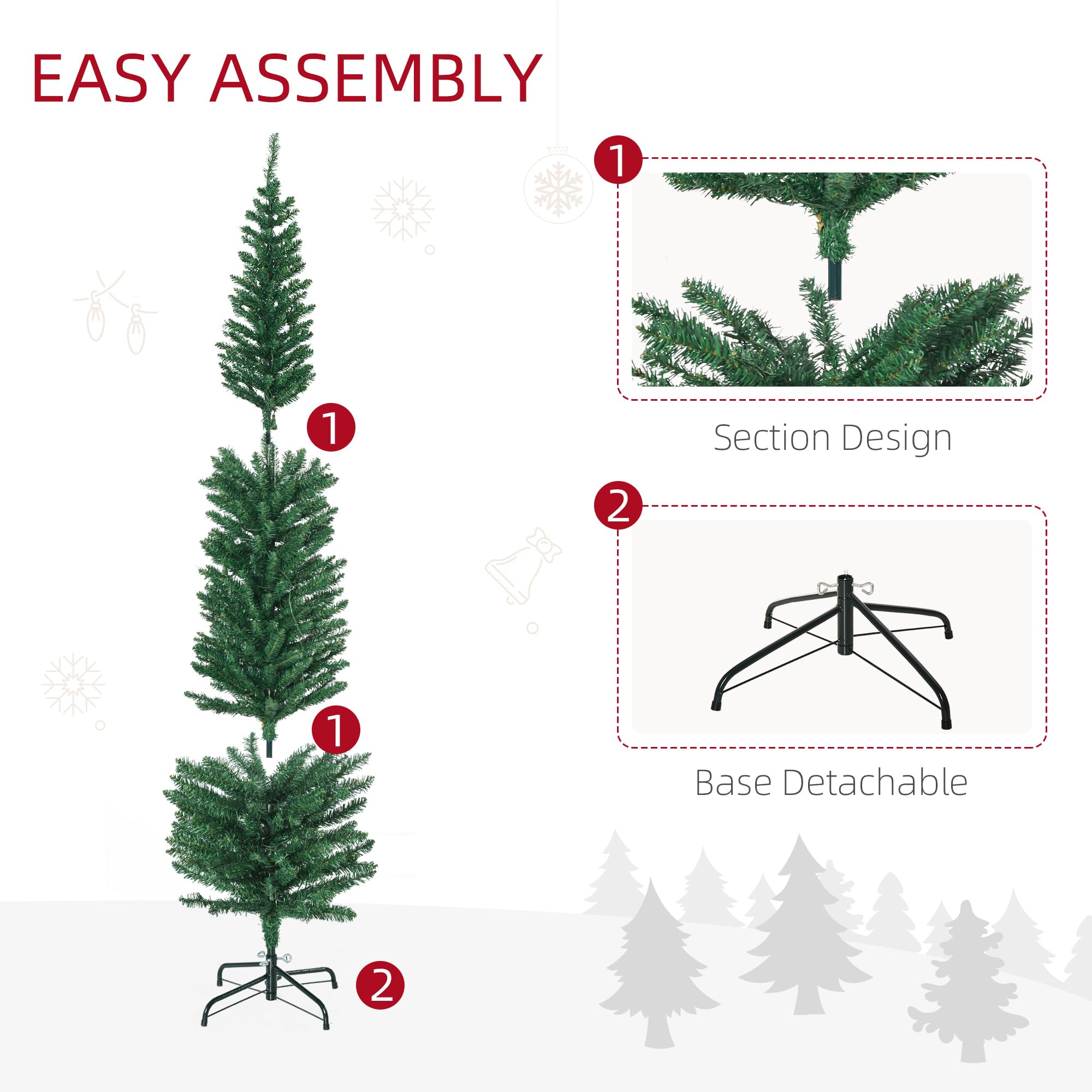 HOMCOM 6ft Tall Pencil Prelit Artificial Christmas Tree Holiday Décor with 390 Branches, 150 Colorful LED Lights, Steel Base, Green