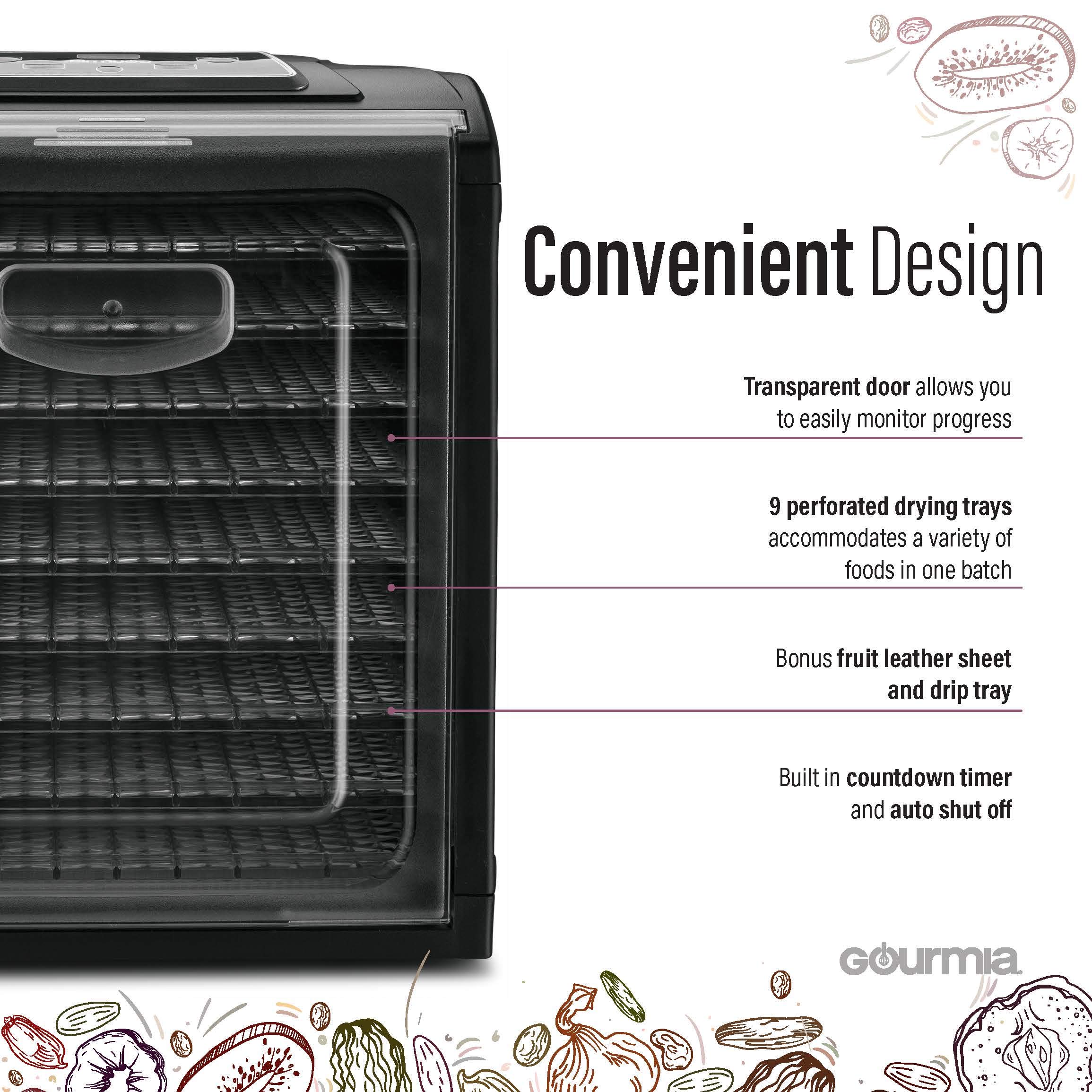 Gourmia GFD1950 Premium Electric Food Dehydrator Machine - Digital Timer and Temperature Control - 9 Drying Trays - Perfect for Beef Jerky, Herbs, Fruit Leather - BPA Free - Black