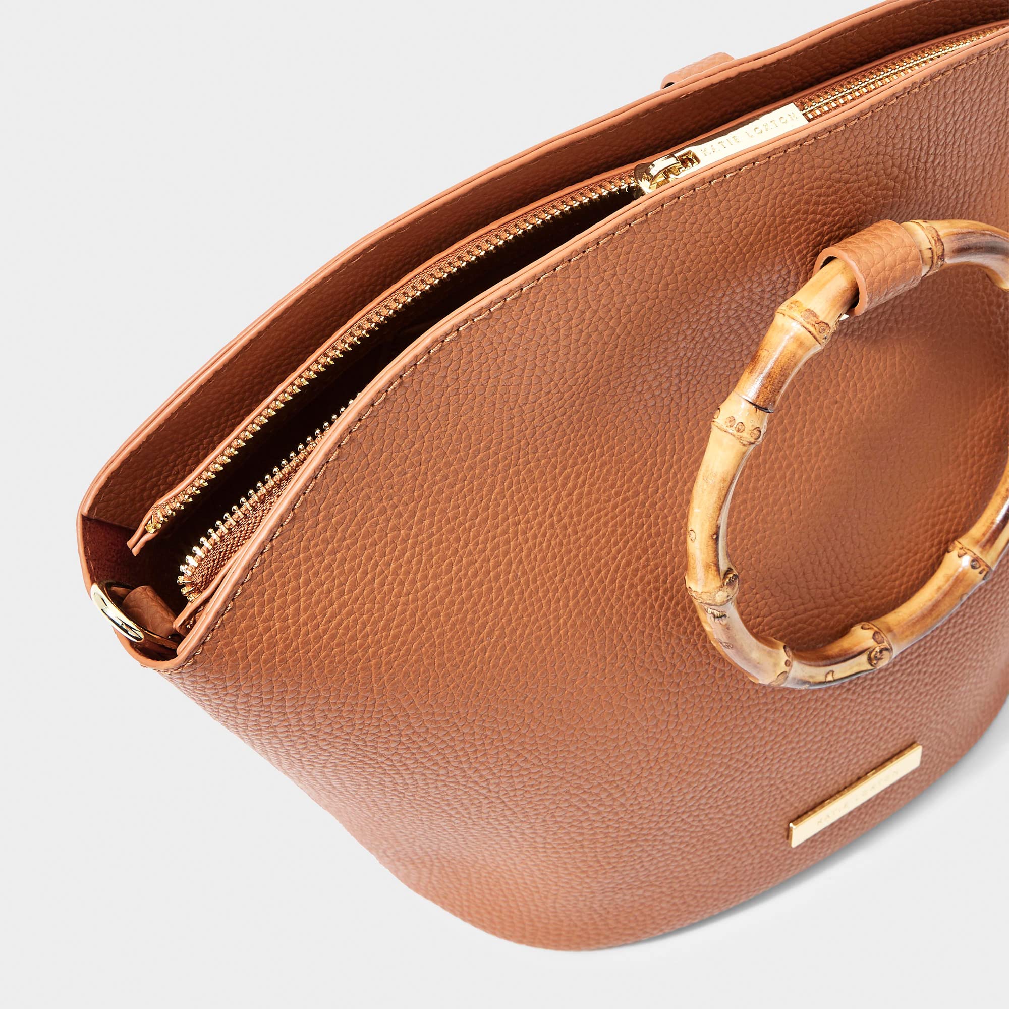 KATIE LOXTON Capri Womens Large Vegan Leather Convertible Bamboo Round Top Handle Shoulder Bag Cognac