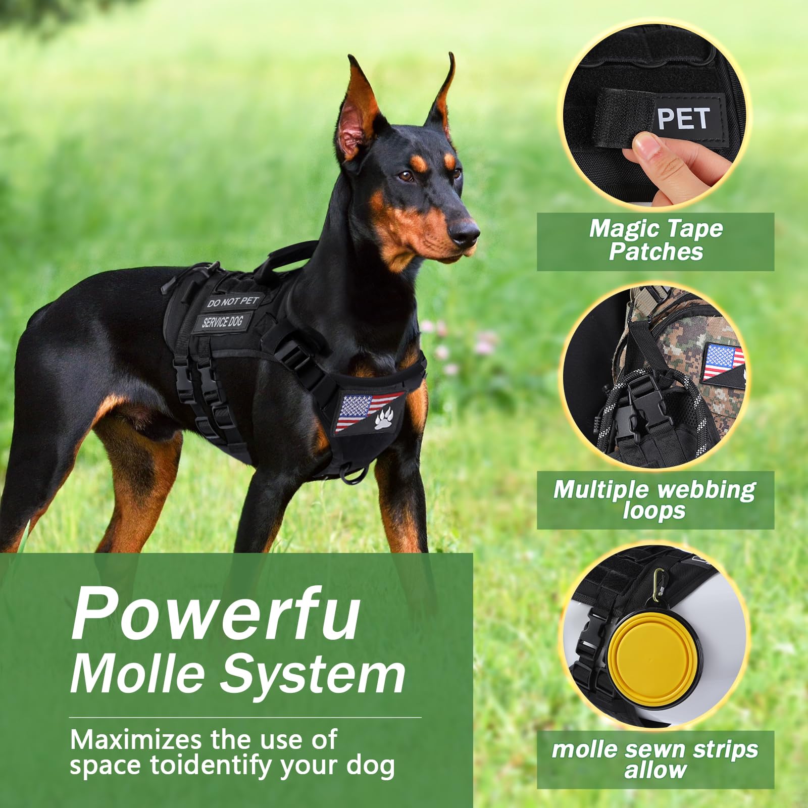 Yungaspy No Pull Tactical Dog Harness for Large Dogs, Escape Proof Molle Dog Vest Harness and Leash Set, Adjustable Military Service Dog Harness with Handle for Medium Large Dogs (Black, Medium)