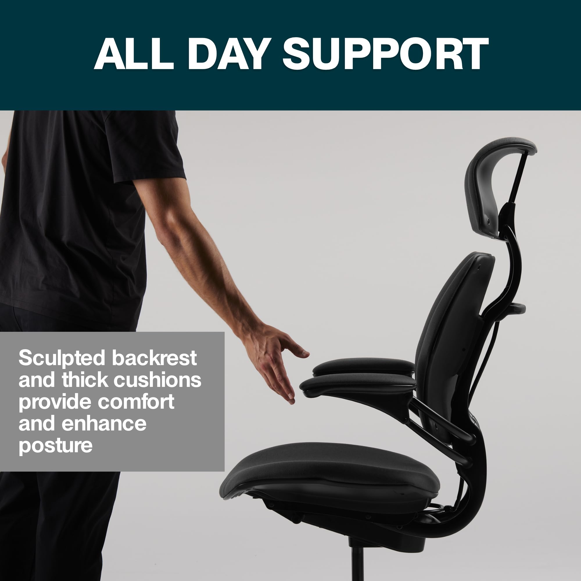 Humanscale Freedom Task Chair with Headrest | Graphite Frame, Corde 4 Black Fabric Seat | Height-Adjustable Duron Arms | Standard Foam Seat, Hard Casters, and 5" Cylinder…