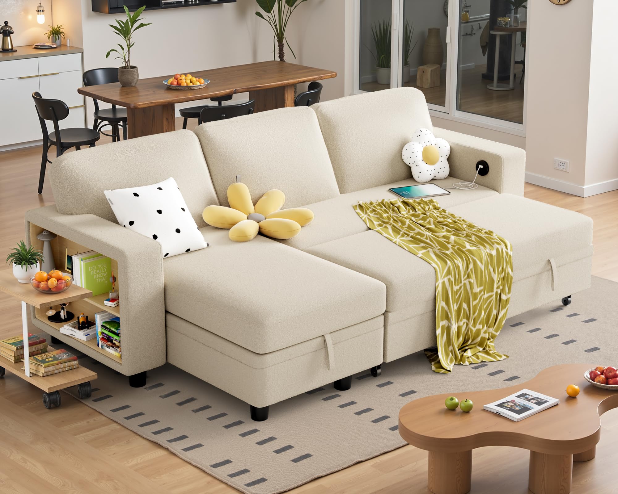 YESHOMY L-Shaped Sofa Bed Convertible Sectional Couch for Living Room with Pull Out Sleeper, Storage Chaise & 2 Built-in Bookcases, Light Beige