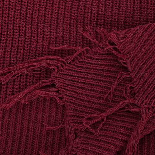 Womens V Neck Knit Sweater Long Sleeve Ripped Pullover Loose Fit Warm Knitted Jumper Crop Tops Sweaters Wine