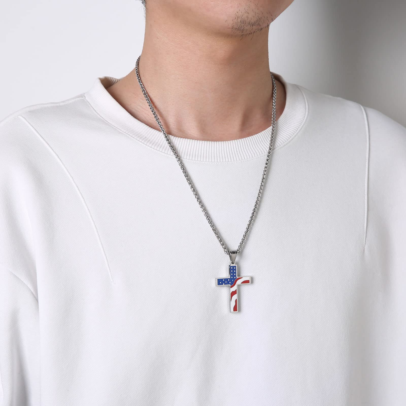 HZMAN American Flag Patriotic Cross Religious Jewelry Pendant Necklace, Silver