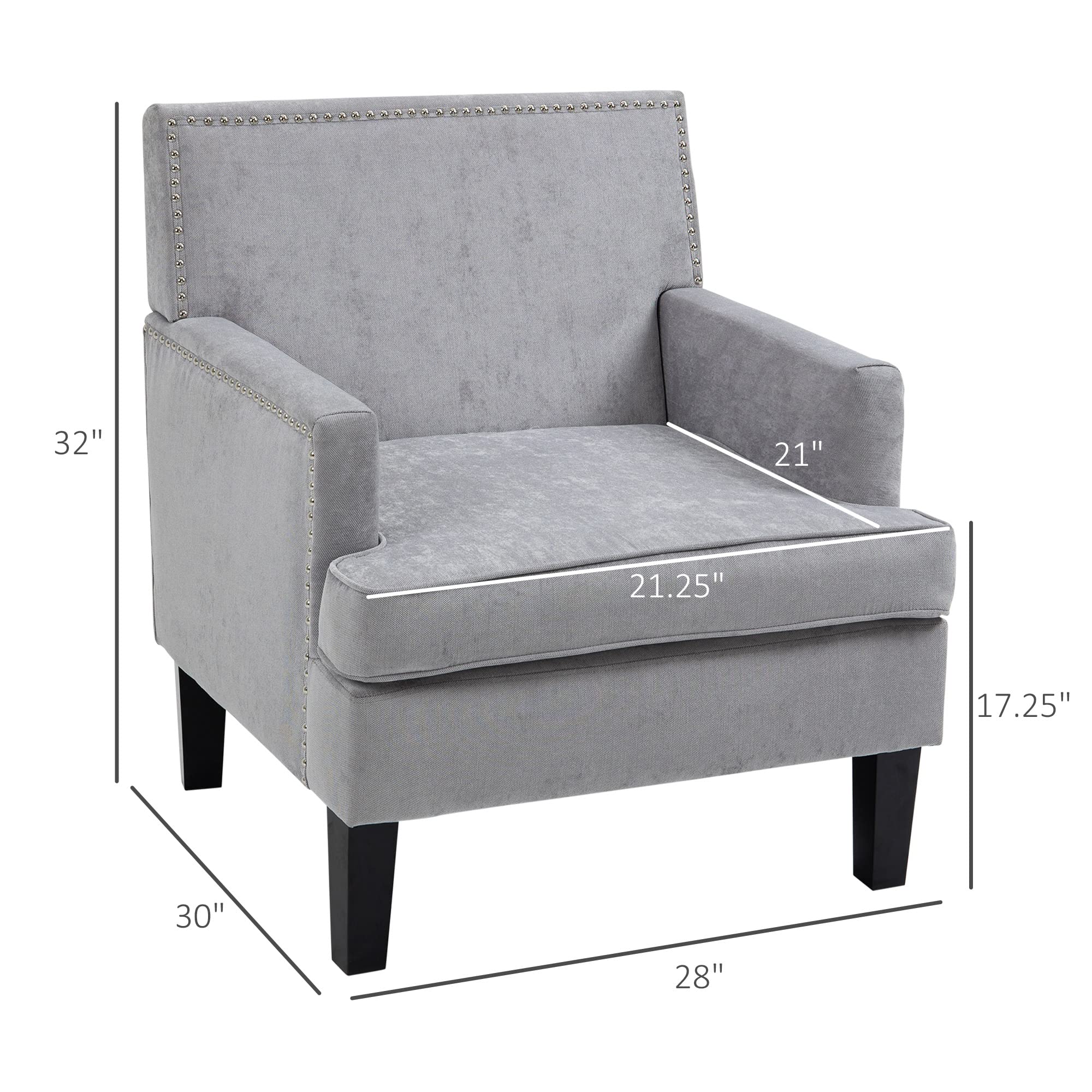 HOMCOM Modern Accent Chair with Solid Wood Legs and Nailhead Trim, Upholstered Armchair for Living Room, Dark Gray