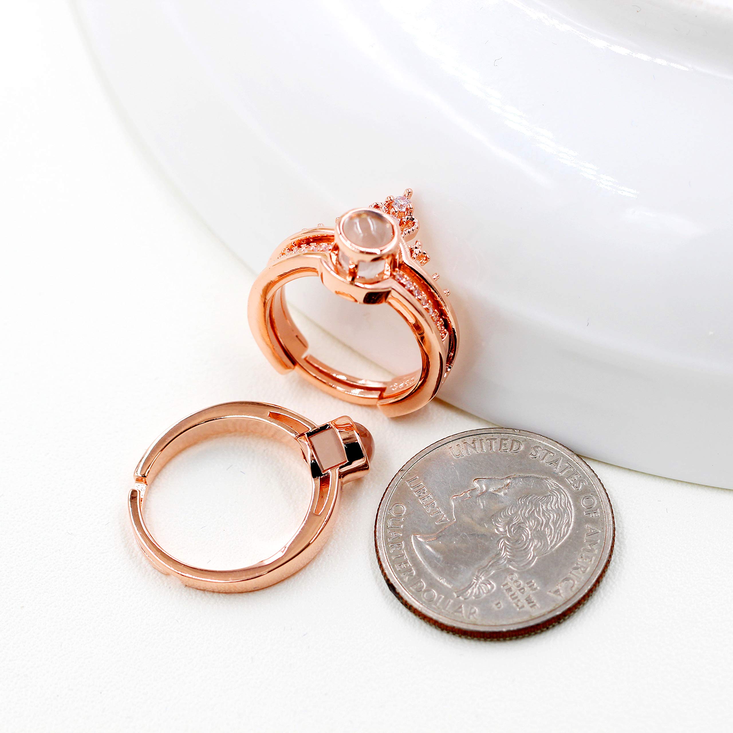 I Love You 100 Languages Projection Ring Couples Wedding Band Crown Tiara Engagement Promise Rings for Him and Her (Rose Gold & Crown)