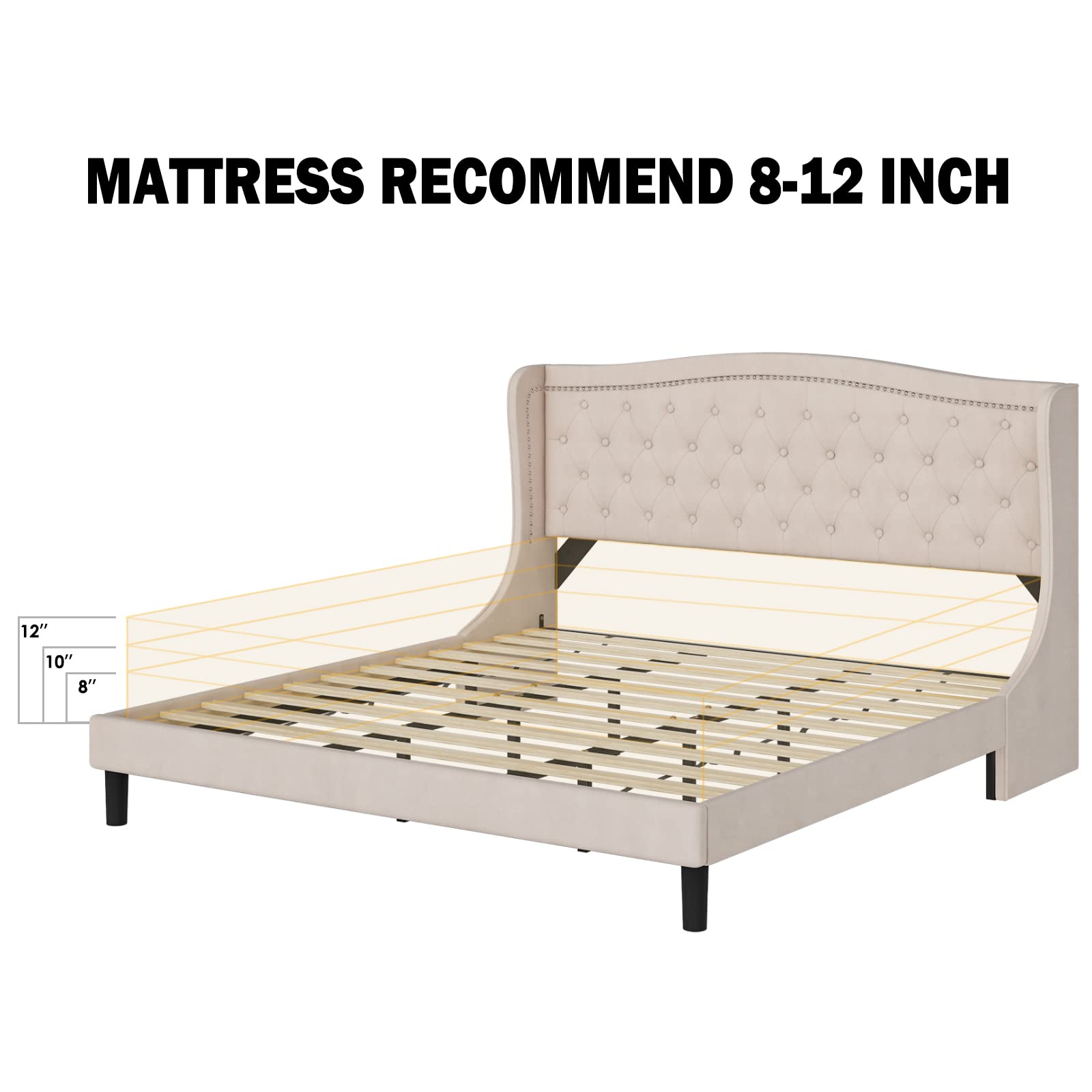 HOSTACK Full Size Bed Frame, Modern Upholstered Platform Bed with Wingback Headboard, Heavy Duty Button Tufted Bed Frame with Wood Slat Support, Easy Assembly, No Box Spring Needed(Black, Full)