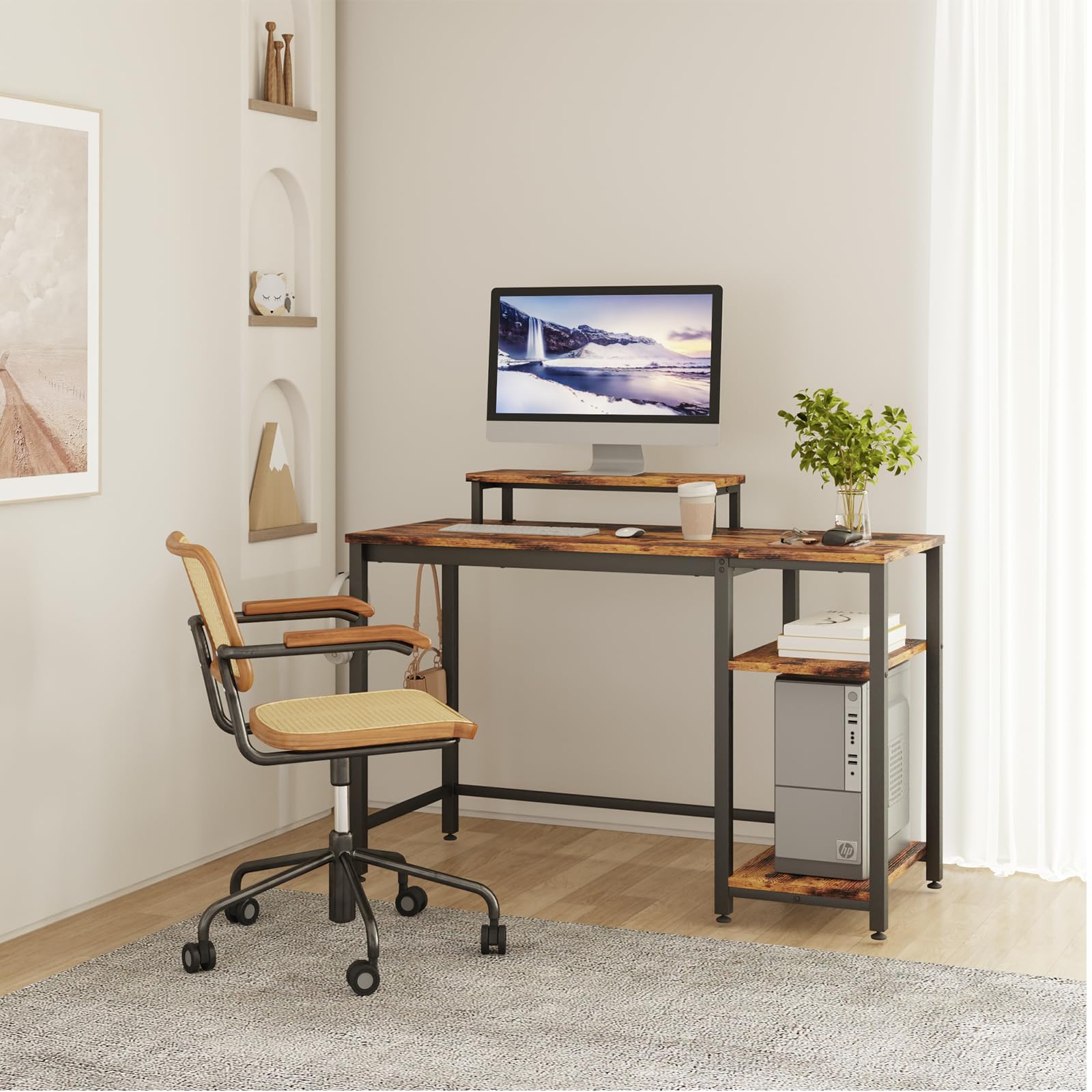 HEEYUE Computer Desk, Industrial Writing Desk with 2-Layer Storage Shelves and Headphone Hook, PC Laptop Table with Monitor Stand,Gaming Desk for Home Office (Rustic Brown)