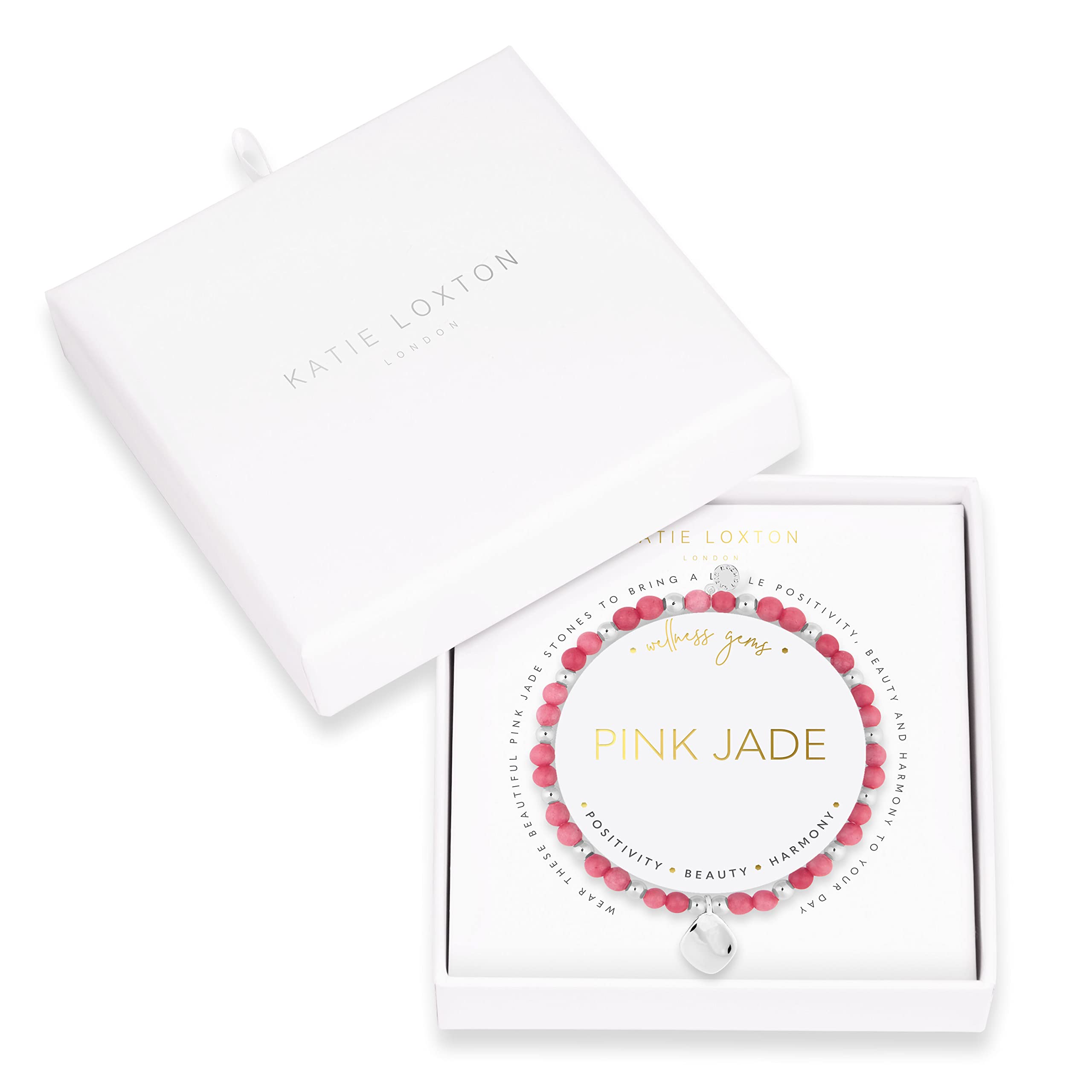 KATIE LOXTON Wellness Gems Womens 7 inch Silver Plated Boxed Bangle Charm Bracelet Pink Jade Color Bead