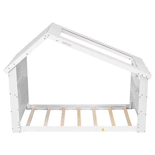 Twin House Bed Kids Floor Bed with Roof and Window, Solid Wood Montessori Bed with LED Light, Low Floor Twin Bed Frame for Kids Girls Boys, No Box Spring Needed (White)