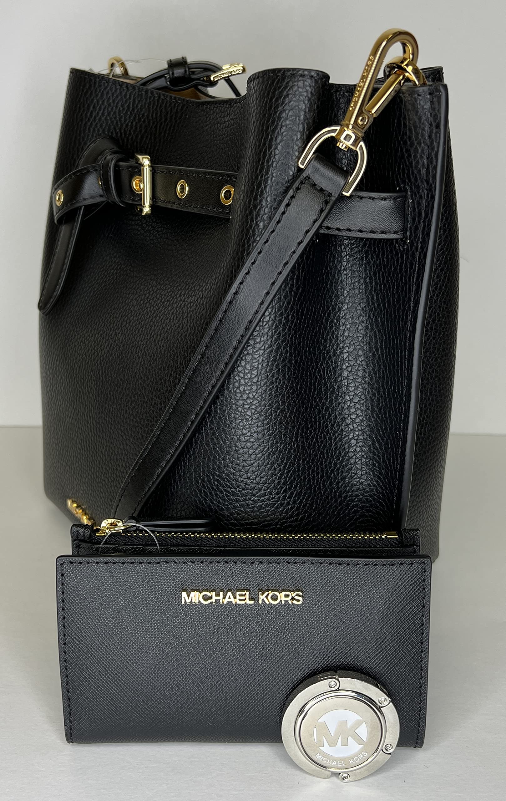 Michael Kors MICHAEL Michael Kors Emilia SM Bucket Bag Messenger Crossbody bundled with SM Zip Card Case Purse Hook (Black)