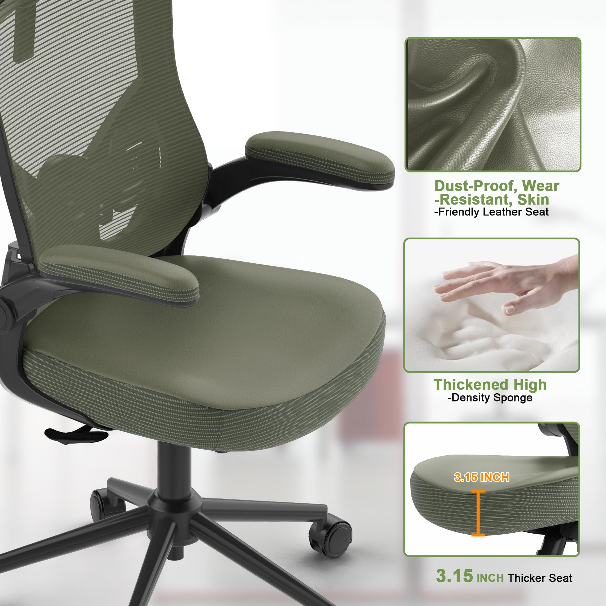 π―πΆπ΄π¬ πΆπππ°πͺπ¬ πͺπ―π¨π°πΉ, Ergonomic Mesh Desk Chair, High Back Computer Chair- Adjustable Headrest with Flip-Up Arms, Lumbar Support, Swivel Executive Task Chair (Hunter Green, Modern)