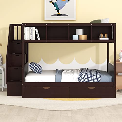 Twin Over Full Bunk Bed with Built-in Storage Shelves and 2 Drawers,Stairway Bunk Bed for Kids Bedroom, Home, Solid Wood Bunk Bed for Kids Teens Boys Girls, No Box Spring Needed