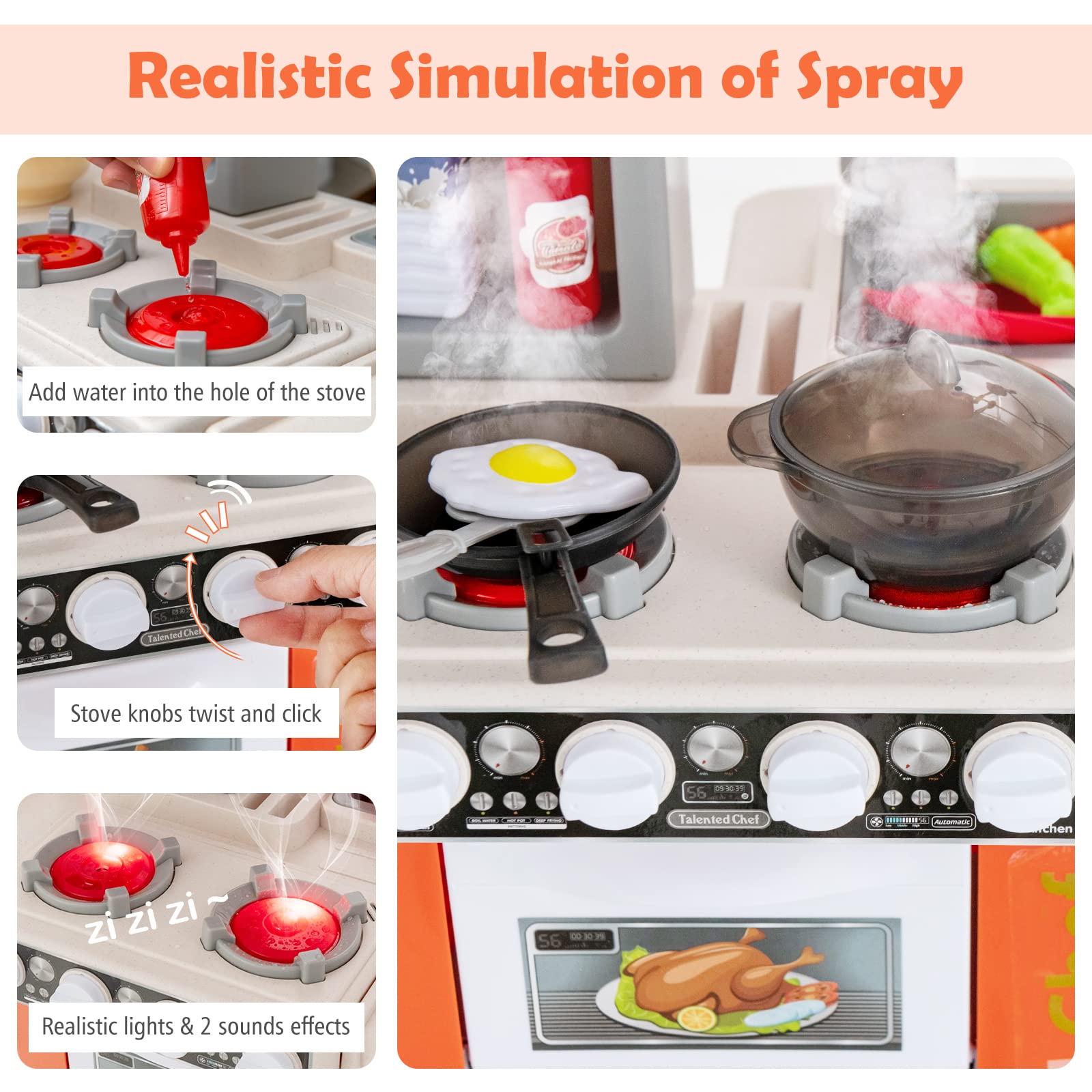 HONEY JOY Kids Kitchen Playset, Plastic Play Kitchen w/Realistic Lights & Sounds, Music, Running Water & Steam Function, 67 Pcs Cooking Accessories, Kitchen Set for Toddlers, Gift for Boys Girls