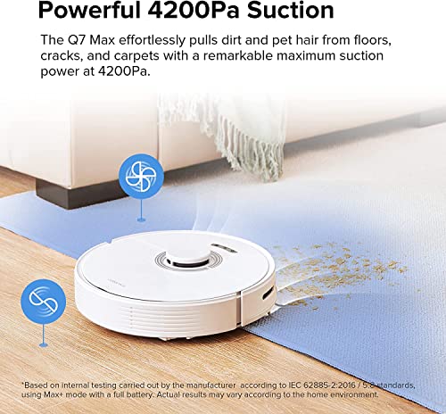 roborock Q7 Max Robot Vacuum and Mop Cleaner, 4200Pa Strong Suction, Lidar Navigation, Multi-Level Mapping, No-Go&No-Mop Zones, 180mins Runtime, Works with Alexa, Perfect for Pet Hair(White)