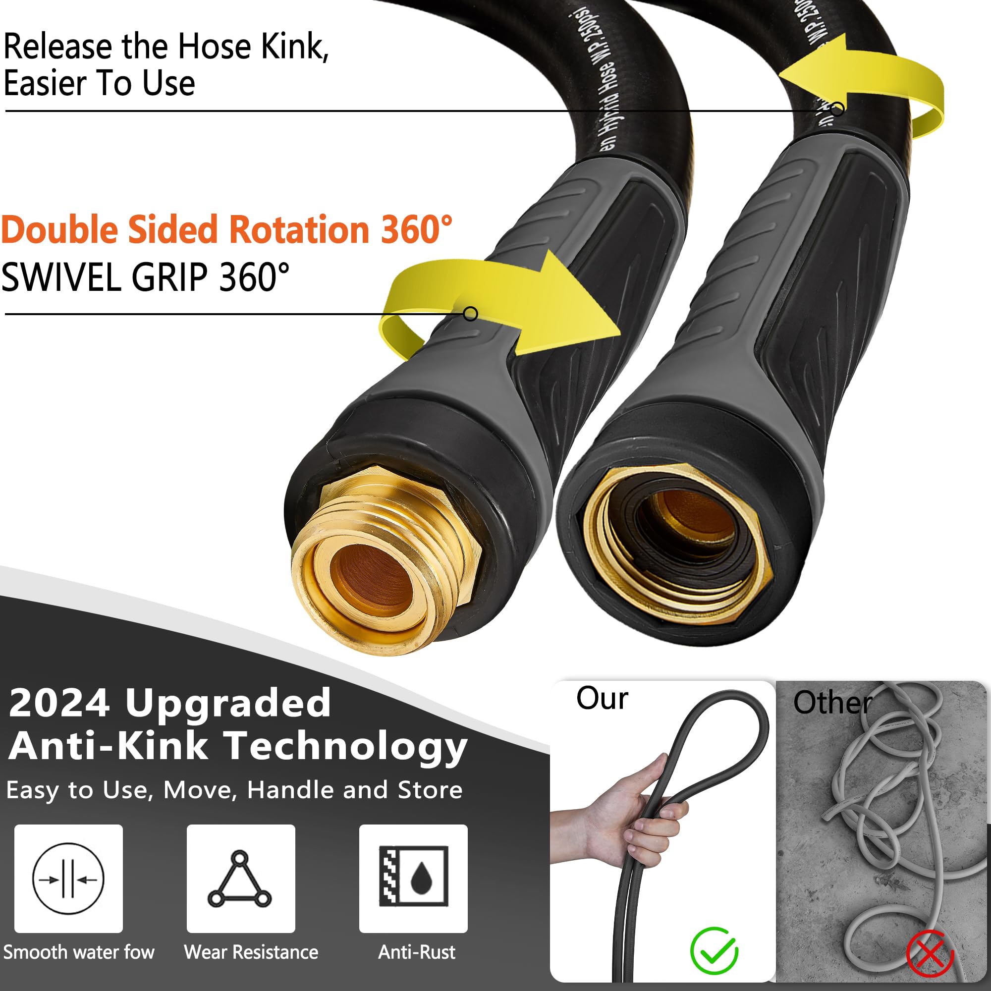 Hybrid Garden Hose 100 ft x 5/8 in Heavy Duty Water Hoses,Flexible and Durable,No Leaking PVC,Rubber Hose with PVC Reliefs for Backyard,3/4'' Solid Brass Fittings