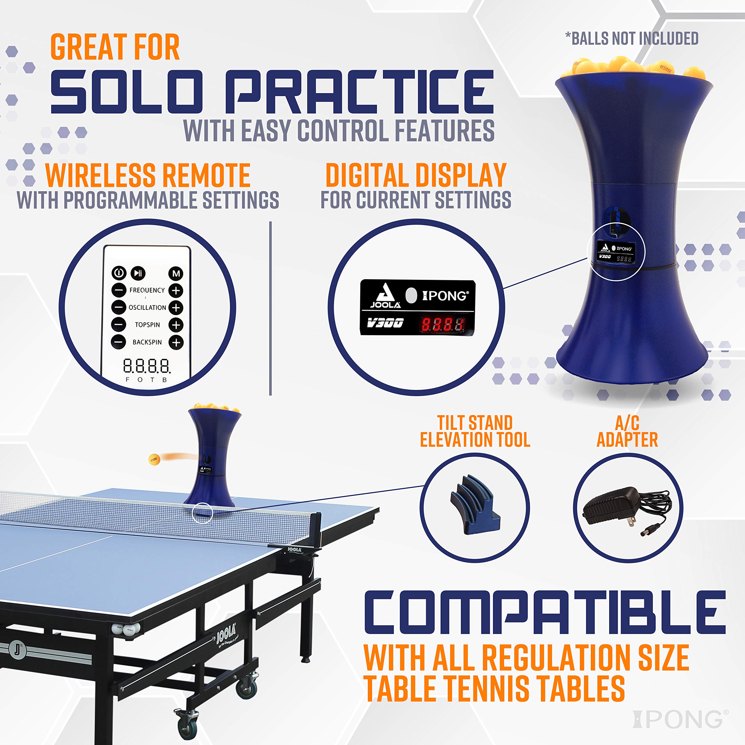 iPong V300 Table Tennis Training Robot - Serves 40mm Regulation Ping Pong Balls Automatically - Play Solo w/o Playback Mode on your Ping Pong Table - Various Models Available, Size 19 , Blue