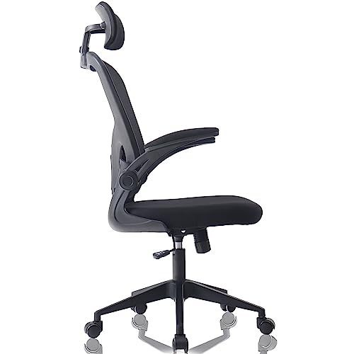 SUKIDA Office Chair with Headrest - Ergonomic Office Chair with Neck Support, Black Mesh Computer Desks Chairs Wheels Back Support Back Pain Comfortable Flip Up Arms Comfy for Home Bedroom