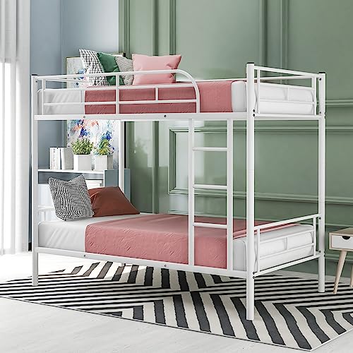 Twin Over Twin Metal Bunk Bed with Ladder and Safety Guard Rail,Heavy Duty Bunk Beds with Metal Slats for Kids Teens Adults, No Box Spring Required/Space-Saving/Noise Free/Easy Assembly (White)