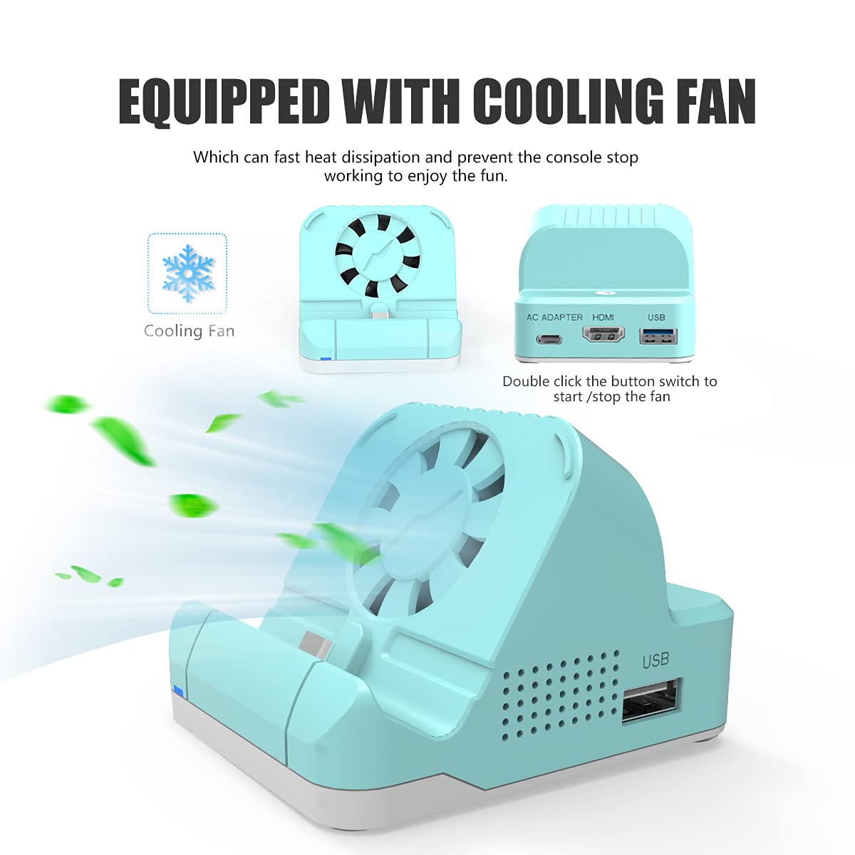 IQIKU Switch Dock with Cooling Fan and USB 3.0 Port, Portable Docking Station for Nintendo Switch and Switch OLED (Blue