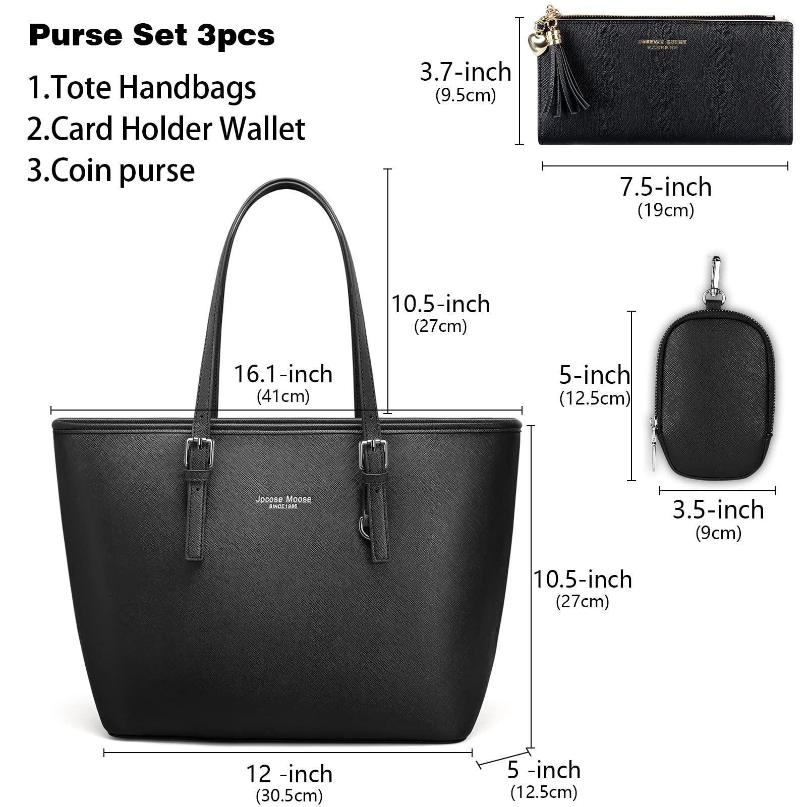 Jocose Moose Handbags for Women Wallet Tote Bag Shoulder Bag Top Handle Satchel Purse Set 3pcs(Black)
