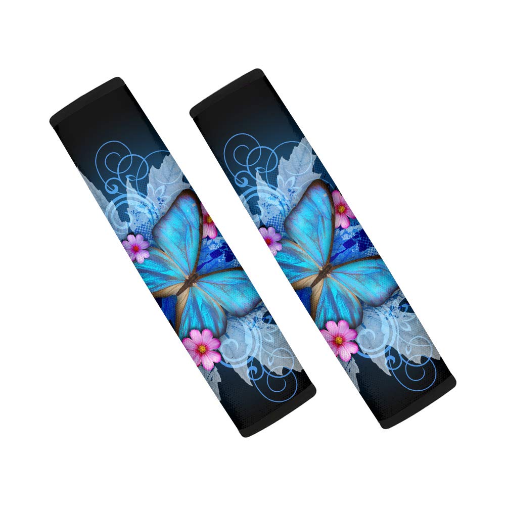 HUGS IDEA Universal Fits Car Seat Belt Pad Cover Funny Animal Butterfly Blue Design 2 Piece Shoulder Strap Pad Soft Headrest Neck Support Cushion