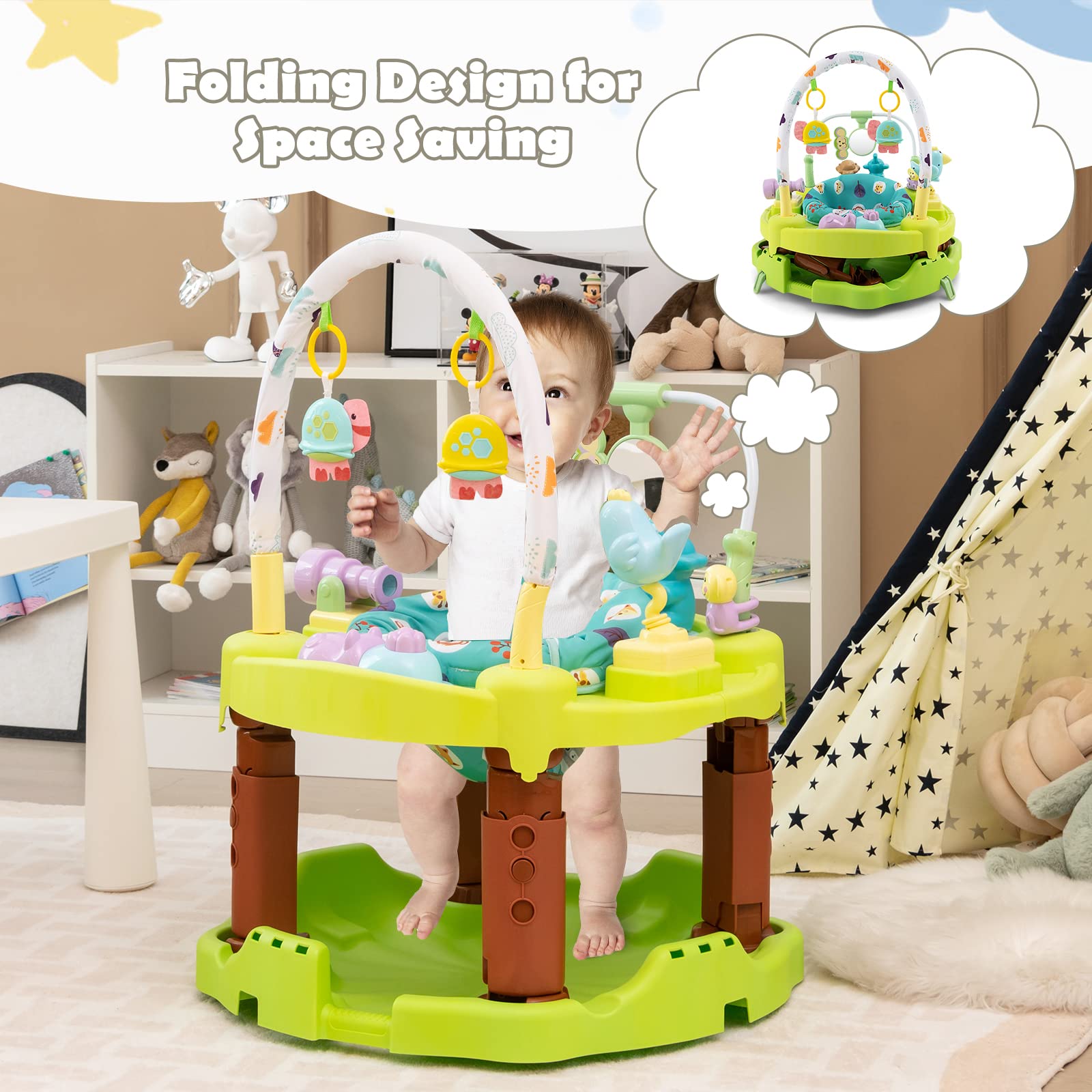 HONEY JOY Baby Bouncer Activity Center, 3-Stage Bouncing Activity Saucer & Playtime Mat & Activity Table, Toy-Bar, 3 Adjustable Heights, Foldable Exersaucer for Infants & Toddlers(Green)