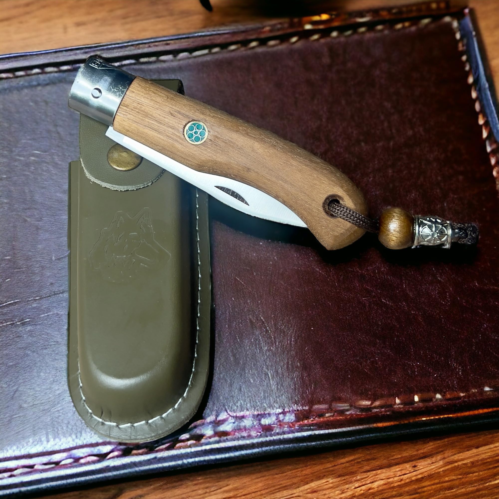Yutpa Gear Hand Forged Knives Folding Pocket Knife 3.54" Stainless Steel Blade Plain Edge and Handmade Wood Handle with Leather Sheath - Rauros Survival EDC