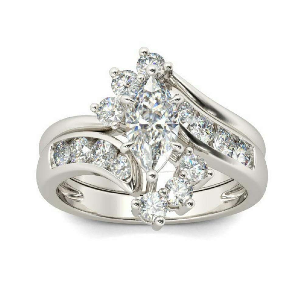 IRA 1.00 Ct Marquise Cut D/VVS1 Diamond Engagement Cluster Wedding Bridal Ring Set For Womens 14K White Gold Plated 925 Sterling Silver (10.5)