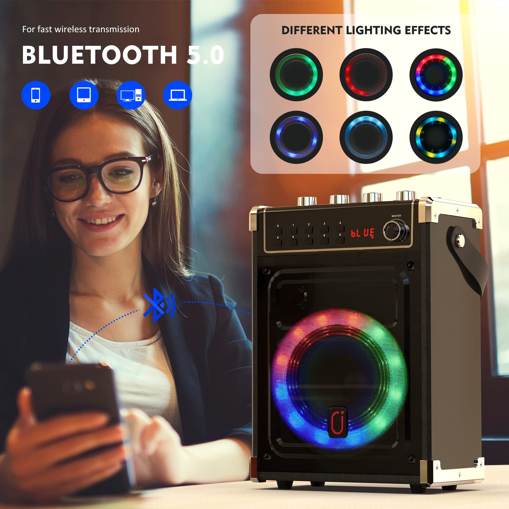 JYX Karaoke Machine with 2 UHF Wireless Microphones, Bass/Treble Bluetooth Speaker with LED Light, Support TWS, AUX in, FM, REC, Supply for Party/Adults/Kids - Orange