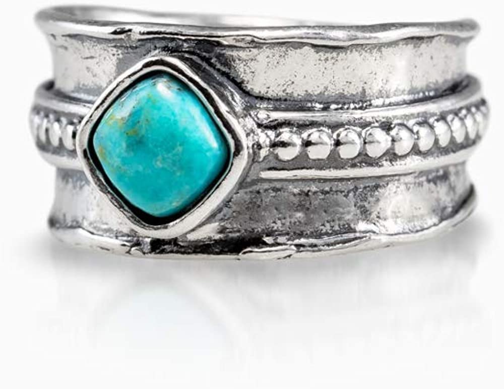 Joolala 1 Carat Blue and Green Cabuchon Cut Turquoise Oxidized Finish 925 Sterling Silver Ring for Women, Size - 5