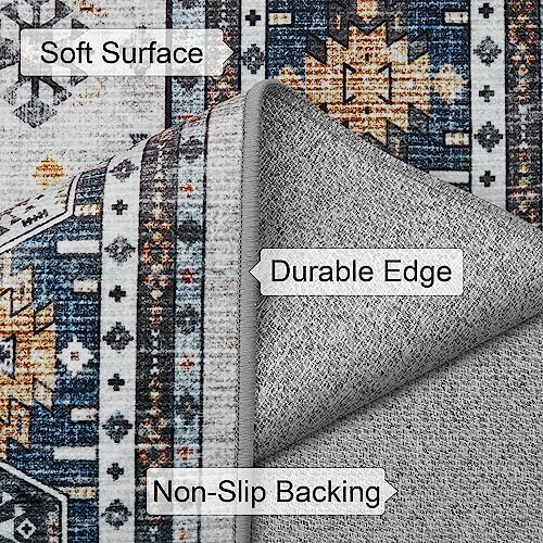 Washable Rug Living Room Rugs: 5x7 Area Rug Large Boho Medallion Distressed Carpets Indoor Soft Floor Anti Slip Carpet for Under Dining Table Bedroom Farmhouse Home Office - Blue/Orange Brown