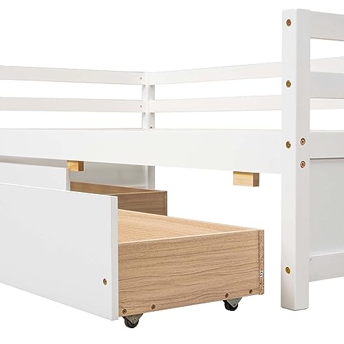 Twin Size Wooden Daybed Frame with 2 Storage Drawers, Multifunctional Sofa Bed with Wood Slat Support for Living Room Boys Girls Adults, No Spring Box Needed, Space Saving (White)