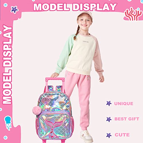 ZBAOGTW Mermaid Rolling Backpack for Girls Kids Backpack with Wheels for Elementary Kindergarten Girls Wheeled Backpack Carry on Luggage for School Travel