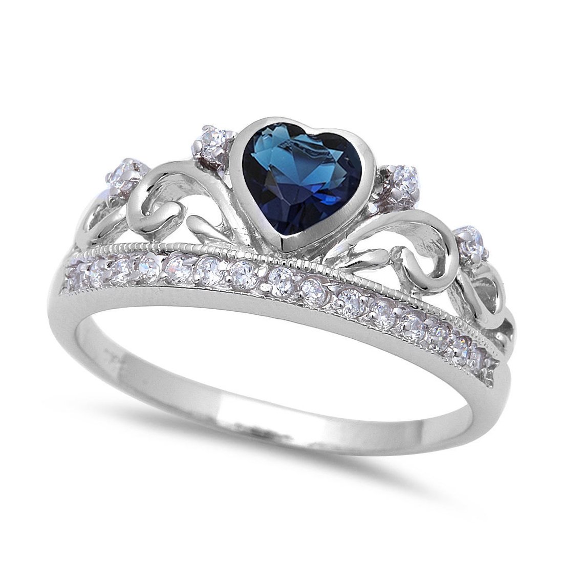 Heart Crown Promise Ring Simulated Sapphire Round Clear CZ 925 Sterling Silver, Size-7