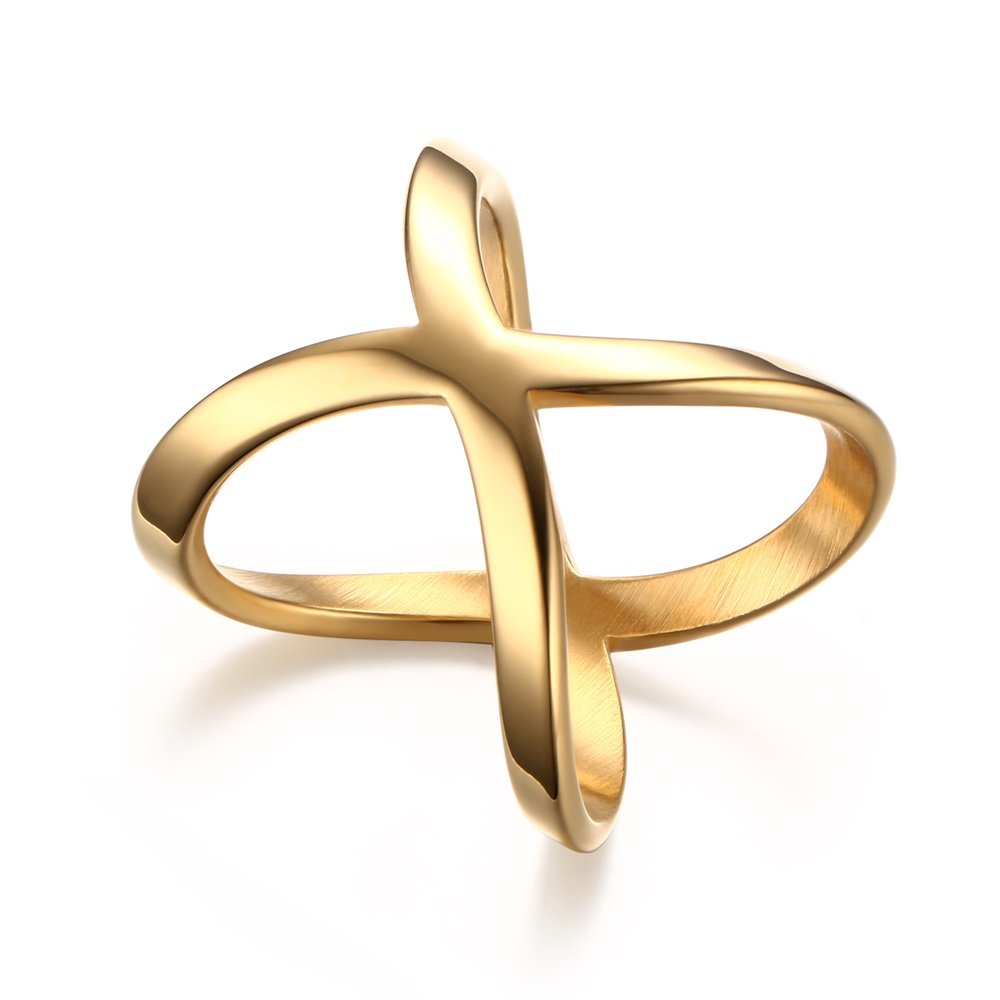 HUANIAN Stainless Steel Criss Cross Ring for Women,Gold,Size 9