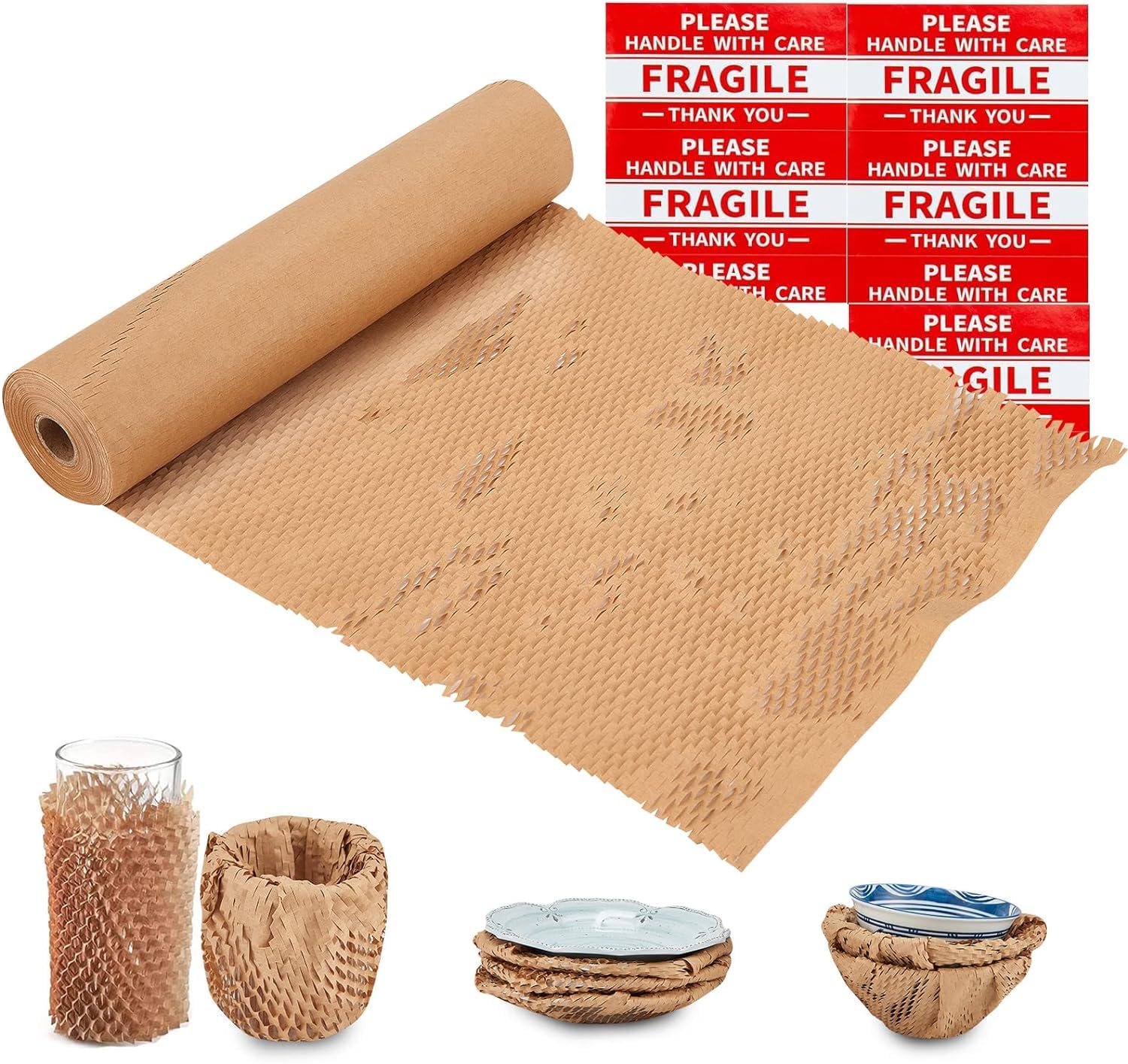 Honeycomb Packing Paper, 15"x200' Honeycomb Cushioning Bubble Wrap Paper Roll for Moving Shipping Breakables Packaging Gifts with 20 Fragile Sticker Biodegradable & Fully Recyclable Brown Kraft